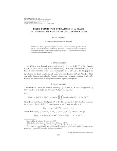 Pdf Fixed Points For Operators In A Space Of Continuous Functions And Applications