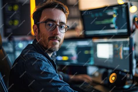 Working As A Focused Software Developer With Multiple Monitors In A Modern Office Setting Aig58