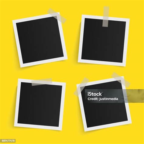 노란 배경에 스티커 테이프 평방 벡터 사진 프레임의 집합입니다 템플릿 사진 디자인입니다 벡터 일러스트 레이 션 즉석 인화 전송에 대한 스톡 벡터 아트 및 기타 이미지