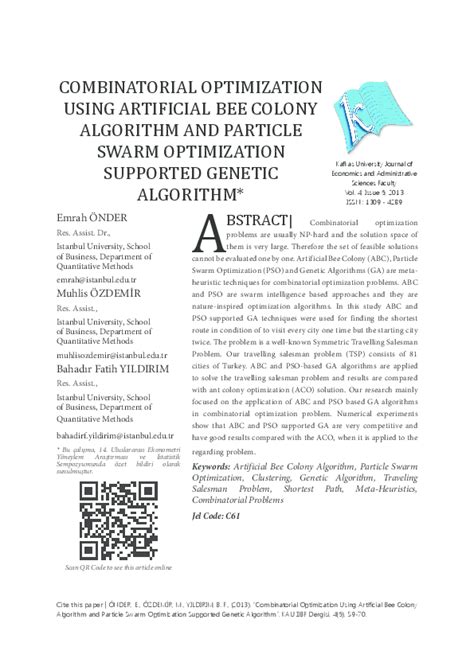 Pdf Combinatorial Optimization Using Artificial Bee Colony Algorithm