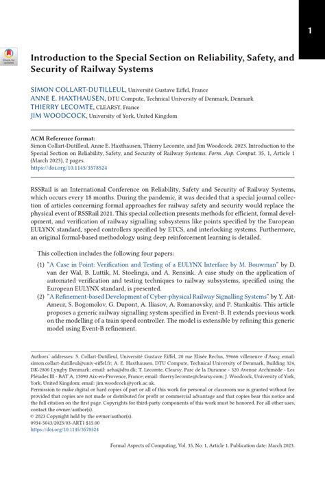 Pdf Introduction To The Special Section On Reliability Safety And Security Of Railway Systems