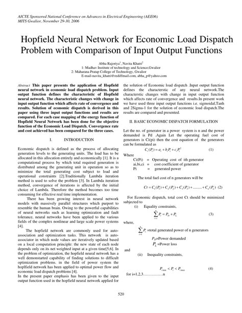 Pdf Hopfield Neural Network For Economic Load Dispatch Problem With Comparison Of Input Output