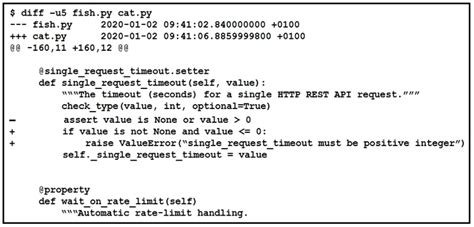 refer to the exhibit the output of a unified diff when comparing two