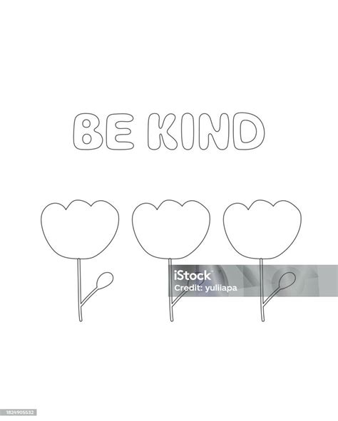 색칠 공부 페이지 색칠 공부를 위한 윤곽선 그리기 친절하십시오 손으로 그린 글자 문구 꽃으로 영감을 주는 메시지 벡터 일러스트 레이 션 기호 구도에 대한 스톡 벡터 아트 및