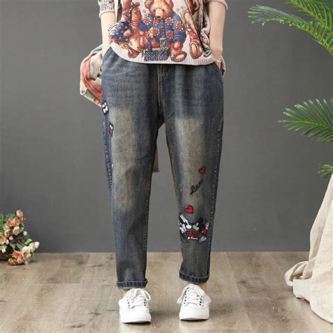 Осенние женские свободные джинсы с эластичной резинкой на талии винтажные джинсы из хлопка с