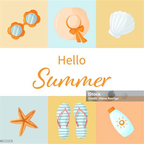 다양한 해변 요소가 있는 여름 배너입니다 안녕하세요 여름 텍스트입니다 선글라스 조개껍데기 선크림 닻 슬리퍼가 있는 밝은 해변
