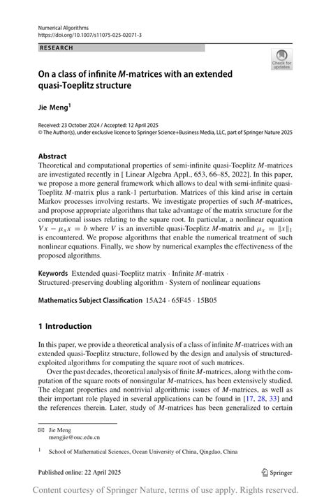 On A Class Of Infinite M Matrices With An Extended Quasi Toeplitz Structure Request Pdf