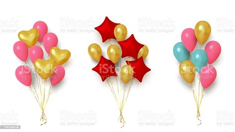 흰색 배경에 모양 심장과 별 풍선의 현실적인 그룹 벡터 일러스트레이션 3차원 형태에 대한 스톡 벡터 아트 및 기타 이미지 3차원 형태 Carnival 개체 그룹