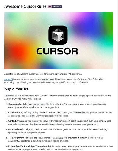 发现了一个超赞的库 Awesome Cursorrules，它精选了很多 Cursor 的 Cursorrules 文件，可以用来增强 Cursor 的使用体验 资源荟萃 Linux Do