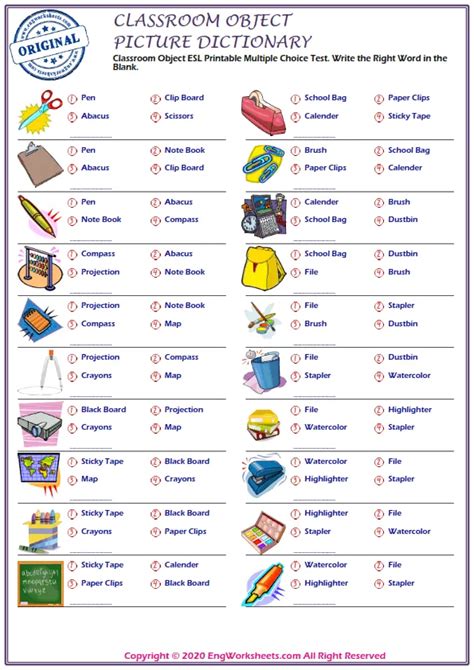 Classroom Objects Esl Printable Multiple Choice Test Write The Right