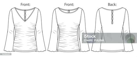 벡터 라운드넥 긴팔 티셔츠 패션 Cad 프릴 디테일이 있는 여성 겨울 상의 기술 도면 템플릿 스케치 플랫 목업 저지 또는 리브 패브릭 상단 앞면 뒷면보기 흰색 0명에 대한