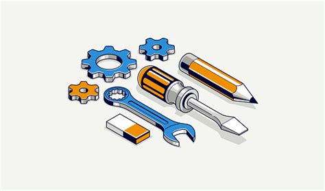 구현 개념 엔진 작업 진행 상황 연필과 도구를 사용한 기어 및 톱니바퀴 3d 아이소 메트릭 벡터 일러스트레이션의 엔지니어링 프로젝트 3차원 형태에 대한 스톡 벡터 아트 및