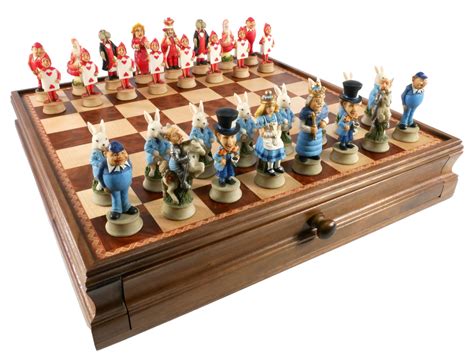 Chess Set Alice In Wonderland Chessmen On Walnut Maple Chest Worldwise Imports