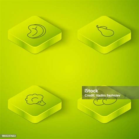 등각 투영 라인 배 브로콜리 빵 덩어리 및 스테이크 고기 아이콘을 설정합니다 벡터 3차원 형태에 대한 스톡 벡터 아트 및 기타