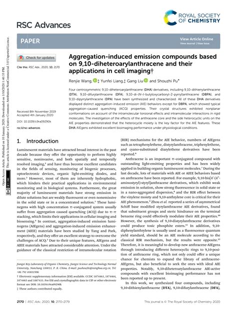 Pdf Aggregation Induced Emission Compounds Based On 910 Diheteroarylanthracene And Their