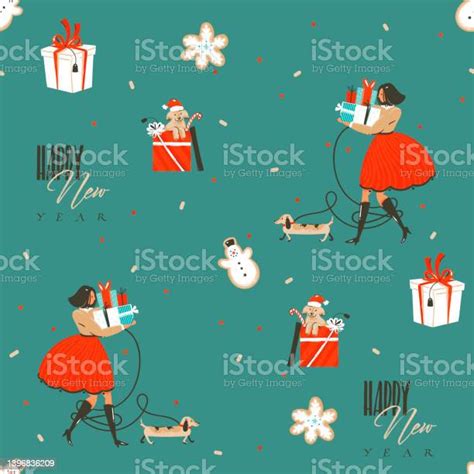 손으로 그린 벡터 추상 재미 주식 플랫 메리 크리스마스 그리고 컬러 배경에 고립 된 크리스마스 복고풍 선물 상자의 귀여운 일러스트와 함께 새해 복 많이 만화 축제 원활한