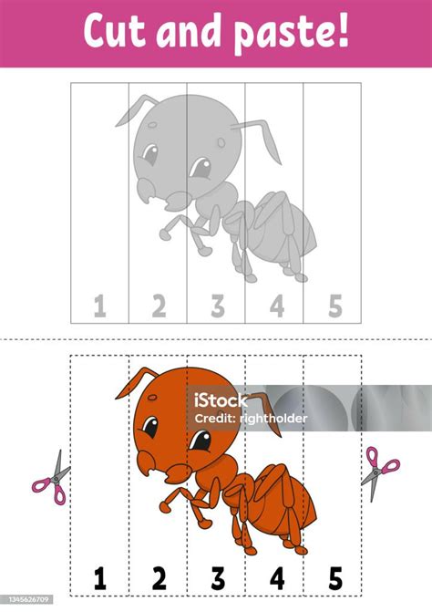 학습 번호 15 잘라 내고 접착제 만화 캐릭터 워크시트를 개발하는 교육 아이들을위한 게임 활동 페이지입니다 색상 격리 된 벡터 그림입니다 개미에 대한 스톡 벡터 아트 및
