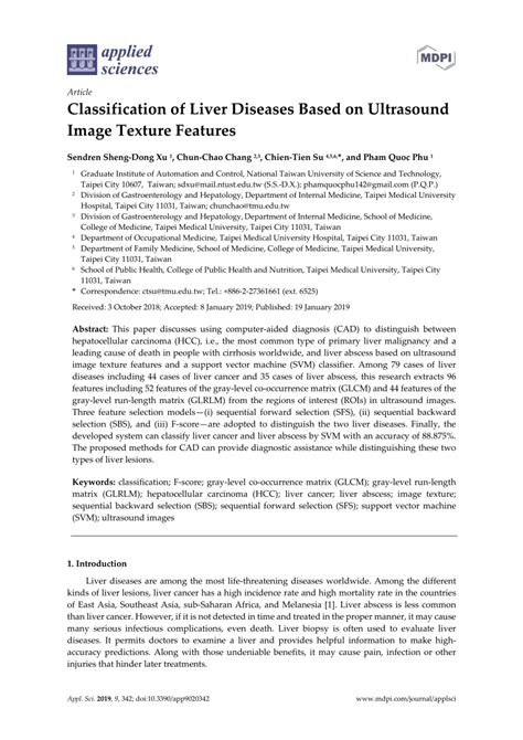 Pdf Classification Of Liver Diseases Based On Ultrasound Image Texture Features