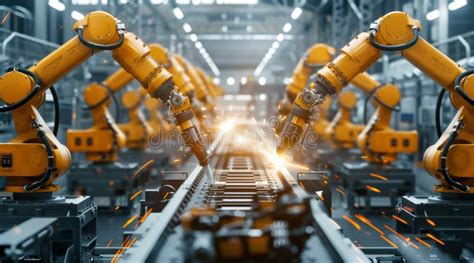 Robotic Arms Working In An Industrial Factory With Sparks Flying Stock