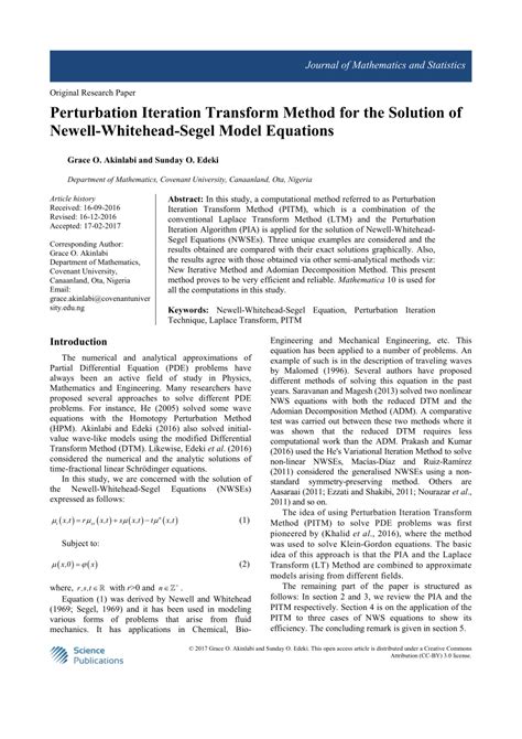 Pdf Perturbation Iteration Transform Method For The Solution Of Newell Whitehead Segel Model