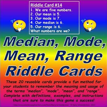Median Mode Mean Range Riddle Card Challenge By Barry Schneiderman