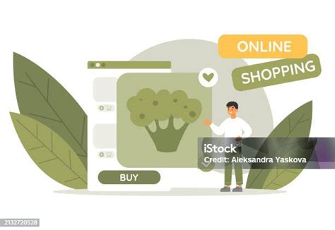 온라인 주문 개념 온라인 상점에서 브로콜리를 구입하는 남자 전화 응용 프로그램에서 식료품 주문 벡터 일러스트 레이 션 개념에 대한 스톡 벡터 아트 및 기타 이미지 Istock