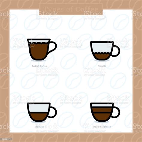 커피 색된 아이콘 설정 및 벡터 일러스트 레이 션1 색의 종류 디자인에 대한 스톡 벡터 아트 및 기타 이미지 디자인