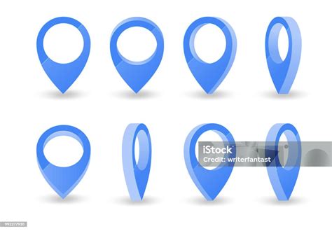 포인터 집합을 매핑하십시오 지도 핀 드롭 위치 표시 파란색 아이콘 모양 거꾸로 벡터 평면 스타일 만화 그림입니다 네온 및 3d 요소 0명에 대한 스톡 벡터 아트 및 기타