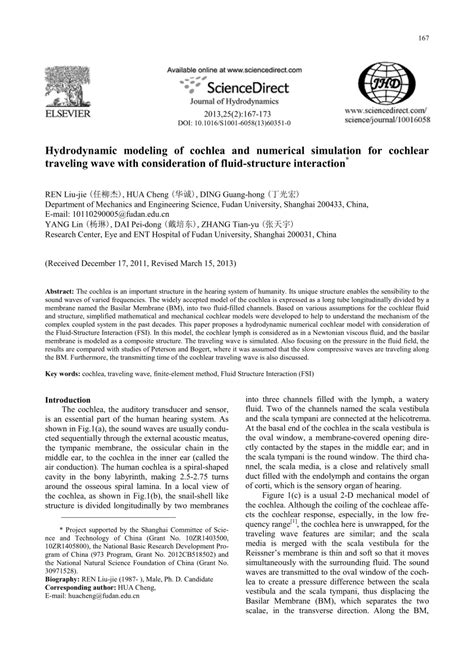 Pdf Hydrodynamic Modeling Of Cochlea And Numerical Simulation For