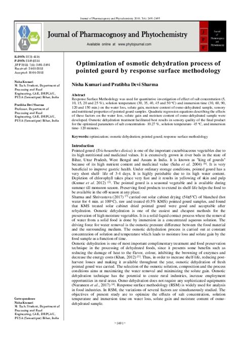 Pdf Optimization Of Osmotic Dehydration Process Of Pointed Gourd By Response Surface Methodology
