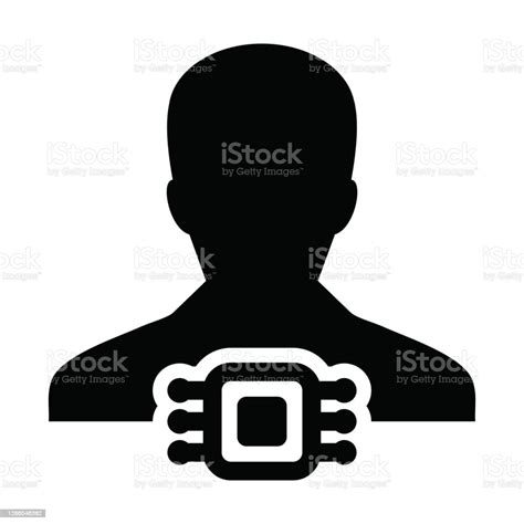 글리프 픽토그램에서 추적 시스템을 위한 남성 사용자 프로필 아바타 기호를 가진 Rfid 임플란트를 위한 인간 칩 아이콘 벡터 0