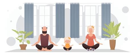 Le Mari Avec Sa Femme Et Sa Fille Méditent Dans La Position Du Lotus