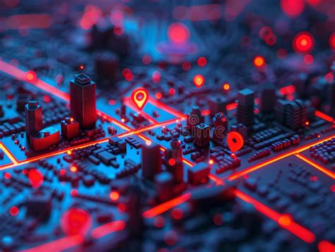 Futuristic Circuit Board Cityscape With Red Lights Technology Background Close Up Electronics