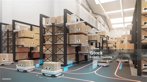 대형 창고는 로봇 팔과 배달 로봇을 사용하여 물건을 가져옵니다 제품 관리 창고 및 기술 연결 3d 렌더링에서 자동화 사용 로봇에