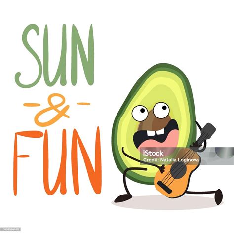 벡터 일러스트 레이 션 캐릭터 우쿨렐레 또는 기타를 연주하는 만화 아보카도 태양과 재미를 레터링합니다 여름 여름 분위기 과일 유기농 유치한 개념 감정에 대한 스톡 벡터 아트