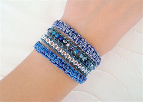 Macrame Wrap Bracelet With Blue Leather And Silver Button Clasp Shades Of Blue Etsy