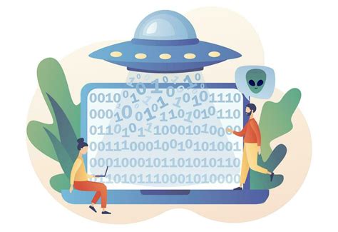 Ufo Spaceship With Ray Of Light Abducts Data Computer World Contact Day Space Concept Alien