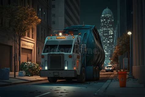 Garbage Truck In The Night City Neural Network Ai Generated Stock