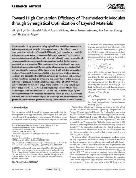 Pdf Towards High Conversion Efficiency Of Thermoelectric Modules Through Synergistical