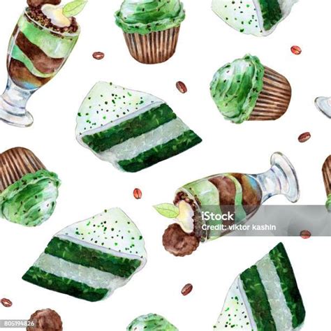케이크 컵 케 익와 샷 유리 사막 흰색 배경에 스타일 그린 수채화 그림 완벽 한 패턴입니다 그림 그리기에 대한 스톡 벡터 아트 및 기타 이미지 Istock