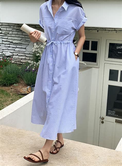 쿠바 스트라이프 셔츠 롱 원피스