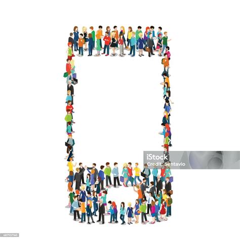 3 차원 Isometric 스마트폰 개념 웹 인포 그래픽 벡터 그림을 평면 군중은 텅 빈 스크린 스마트 전화 모양 형성입니다 크리에이 티브 사람들이 컬렉션입니다 공란에 대한