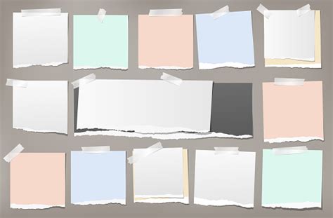 찢어진 흰색과 화려한 노트 노트북 스트립 갈색 배경에 끈적 끈적한 테이프가 붙어 있는 종이 조각 세트 벡터 일러스트레이션 0명에 대한 스톡 벡터 아트 및 기타 이미지