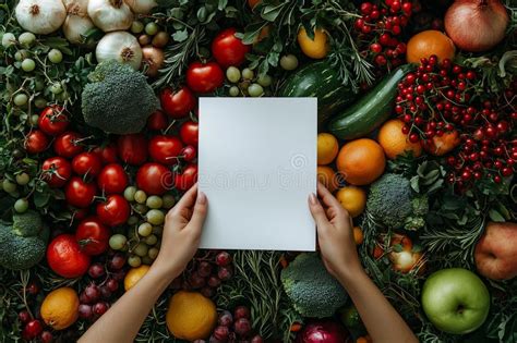 Hand Holding A Blank Menu Paper With Table Full Of Vegetables And Fruits As Background Blank