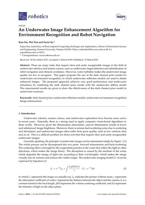 Pdf An Underwater Image Enhancement Algorithm For Environment Recognition And Robot Navigation