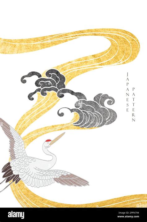 Gold Texture Decoration With Crane Birds Elements Vector Asian Background With Oriental