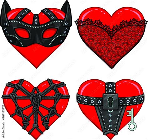 Set Of Animation Hearts In Erotic Clothes And Accessories Mask Shibari Lace Bondage