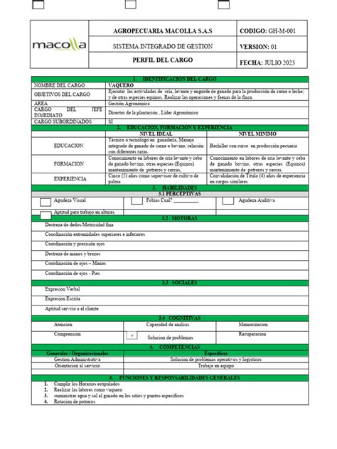 Gh Mt 007 Manual De Perfiles De Cargo Vaquero Pdf