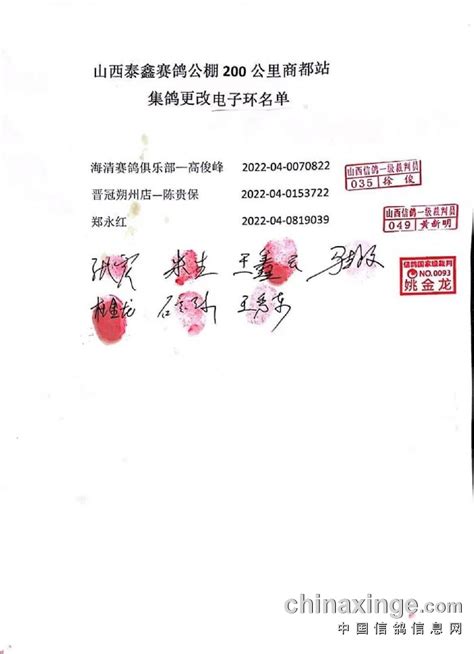 山西泰鑫赛鸽公棚200公里商都站集鸽更换电子环及更改羽色名单 山西泰鑫赛鸽公棚 中信网各地公棚