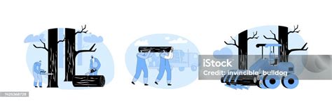 목재 작업자 작업을 설정합니다 숲에서 로깅하는 트럭 장비 및 도구로 작업복을 작업하는 Lumberjack 캐릭터 벡터에 대한 스톡 벡터 아트 및 기타 이미지 Istock